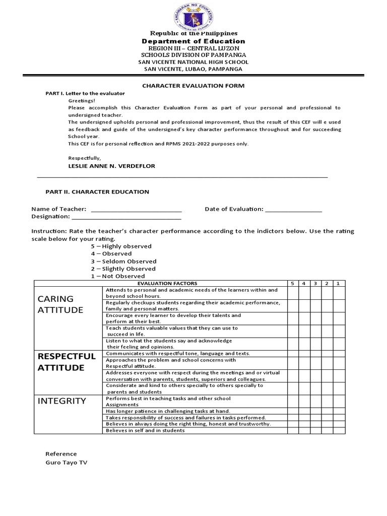 Character Evaluation Form Provides Insight into Teacher's Performance ...