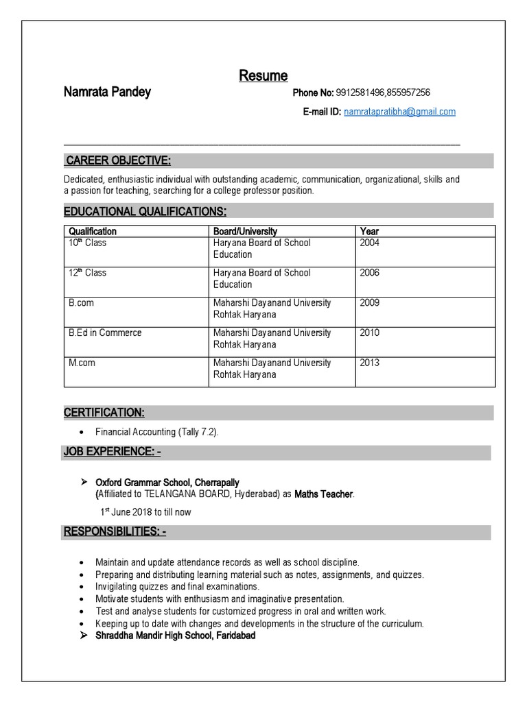 Namrata Resume | PDF | Teachers | Schools