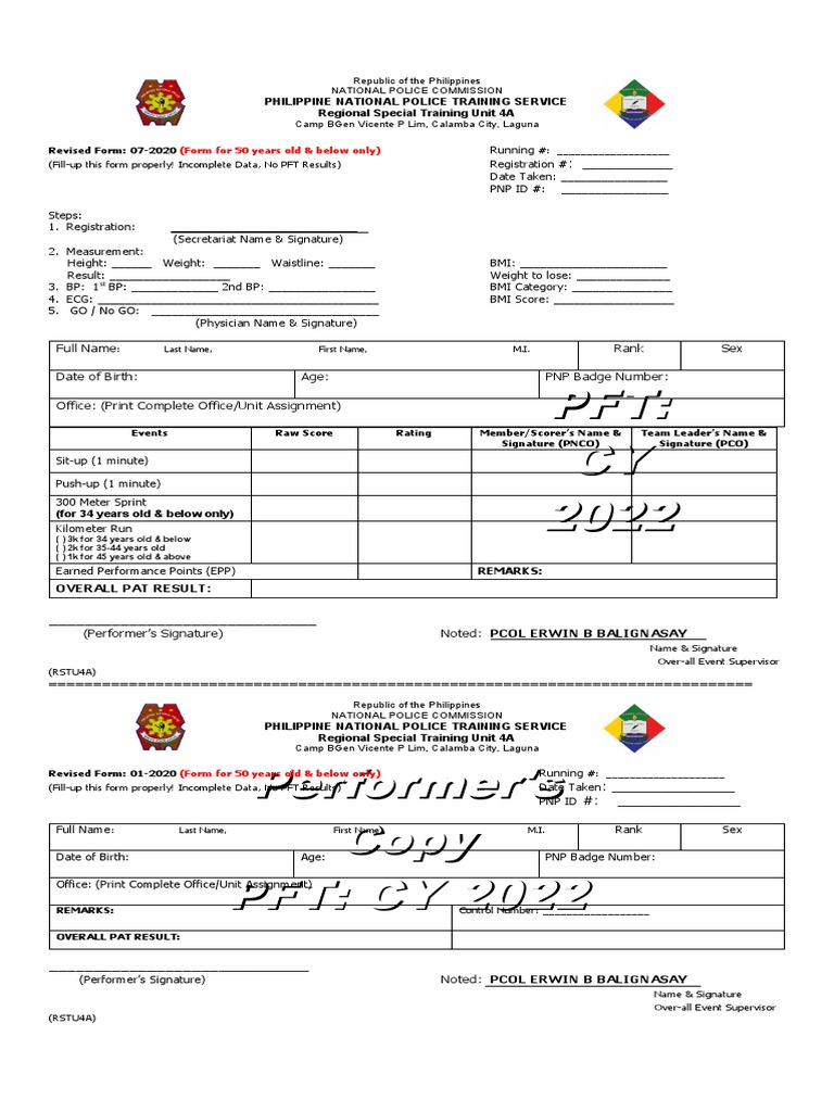 PFT Form 2022 50 Yrs Old Below | PDF