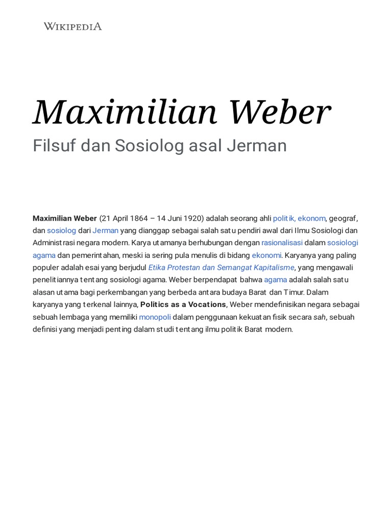 Maximilian Weber - Wikipedia Bahasa Indonesia, Ensiklopedia Bebas | PDF
