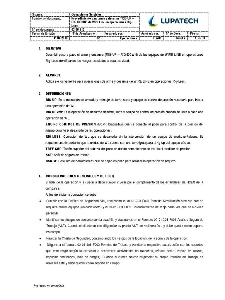 03-06-310 Procedimiento - Rig Up - Rig Down Operaciones Rig-Less.v2 | PDF