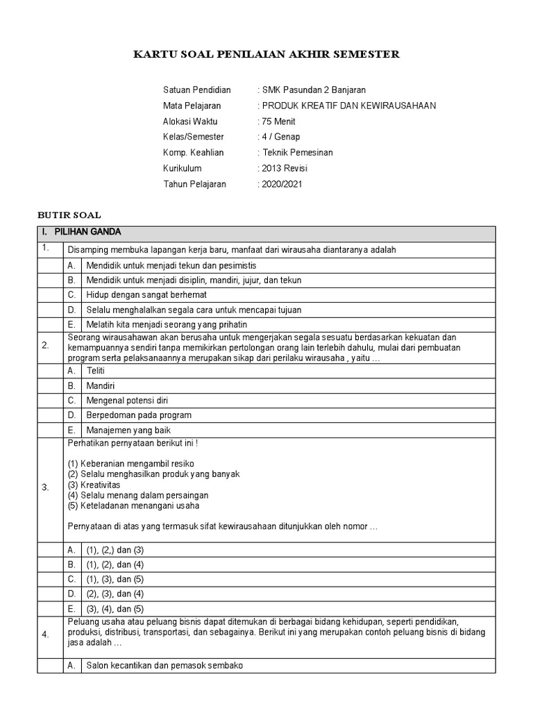 Kartu Soal PTS PROD KREATIF Kelas Xi Semester 4 TP 21 | PDF