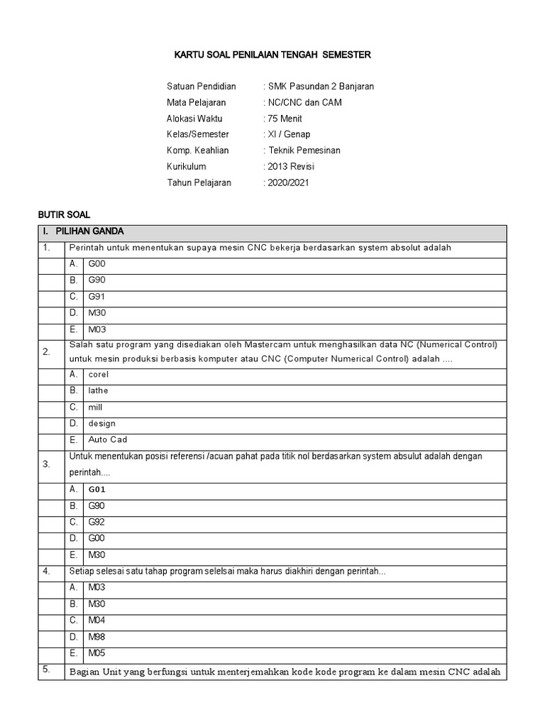 Kartu Soal Pts CNC Kelas Xi TP 2021 | PDF | Komputer | Teknologi & Rekayasa