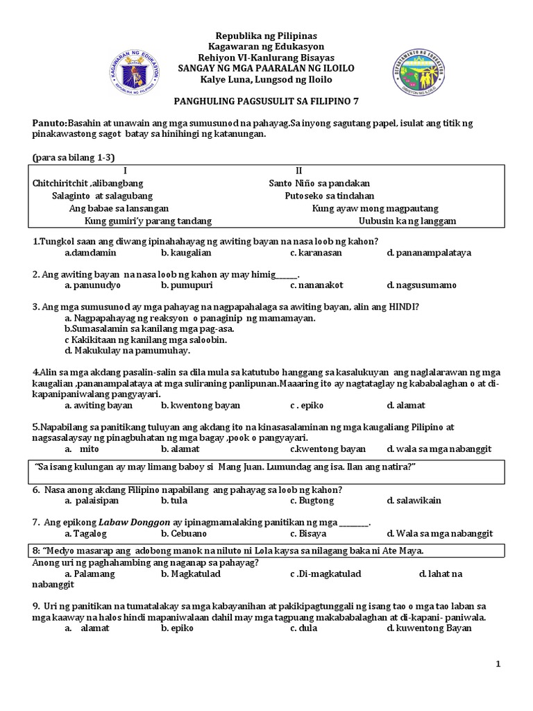 Posttest Filipino 7 | PDF