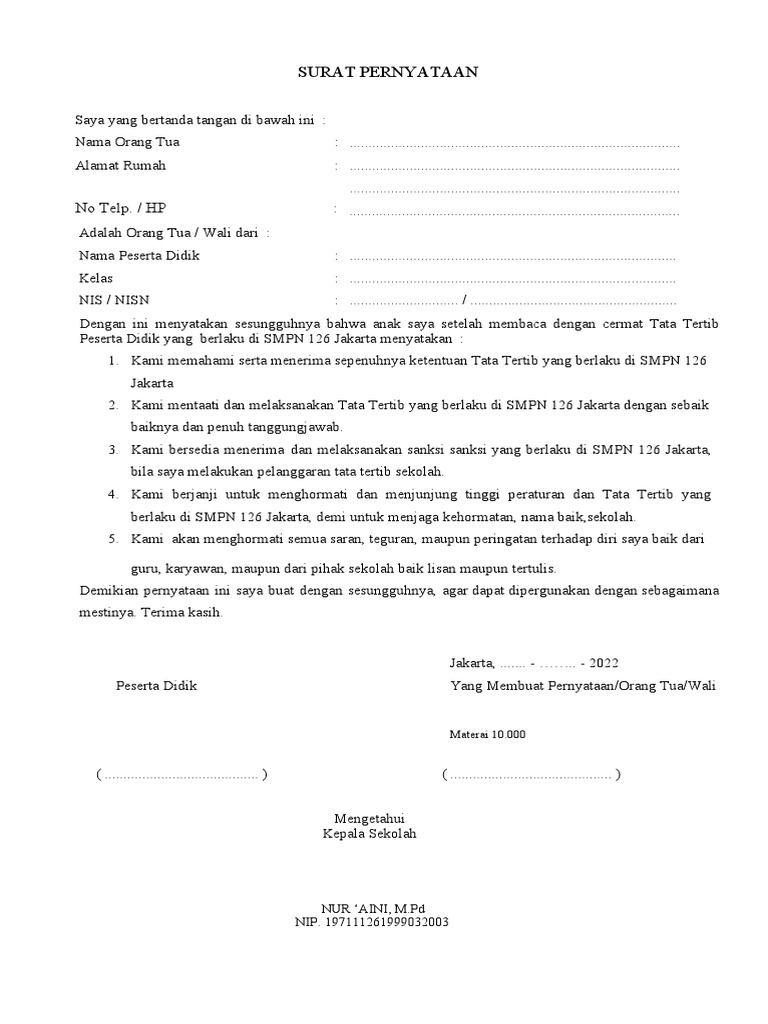 Surat Pernyataan Mematuhi Tata Tertib | PDF