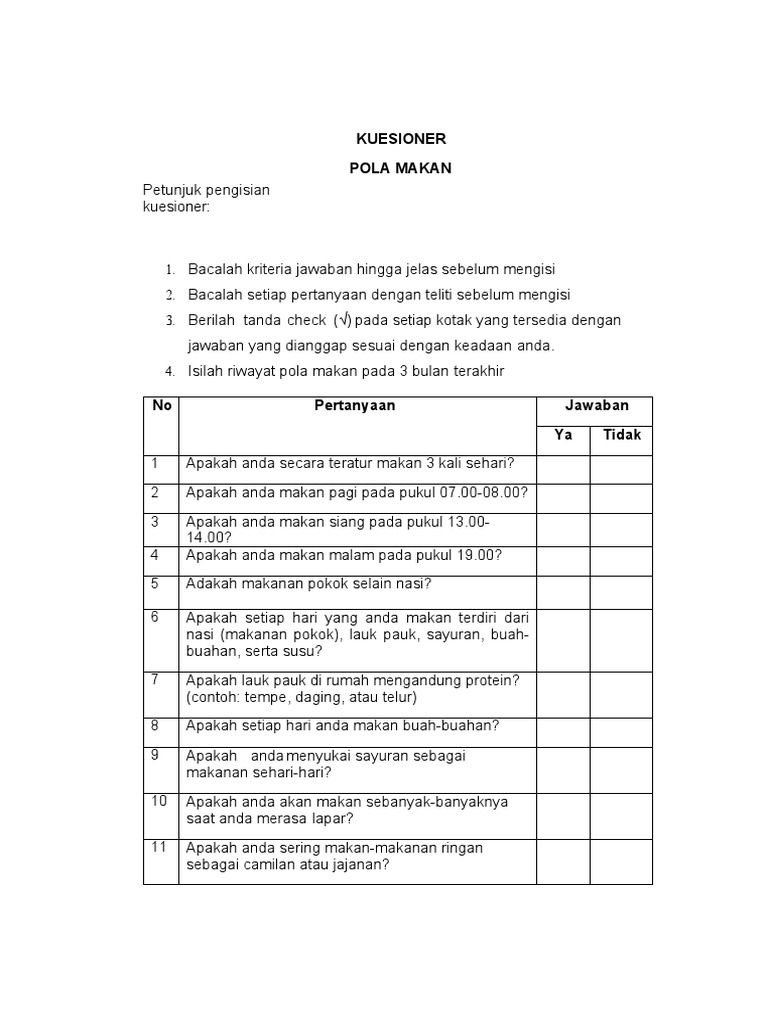 Kuesioner Pola Makan | PDF