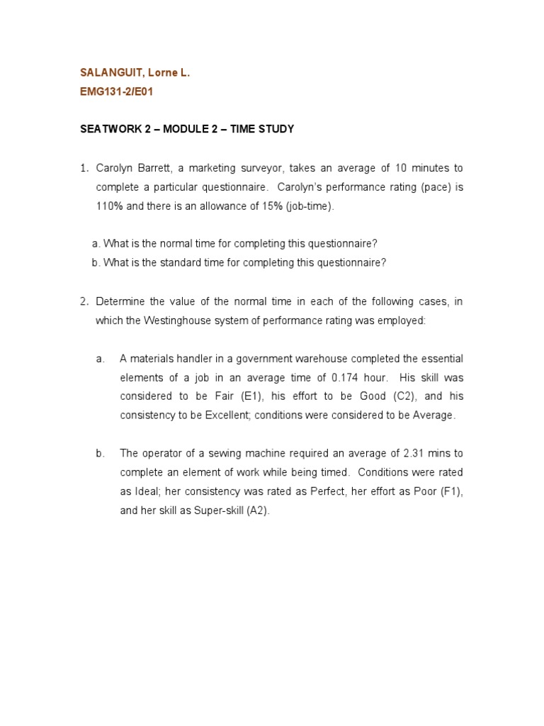 Seatwork 2 - Module 2 - Stopwatch Time Study-Salanguit | PDF