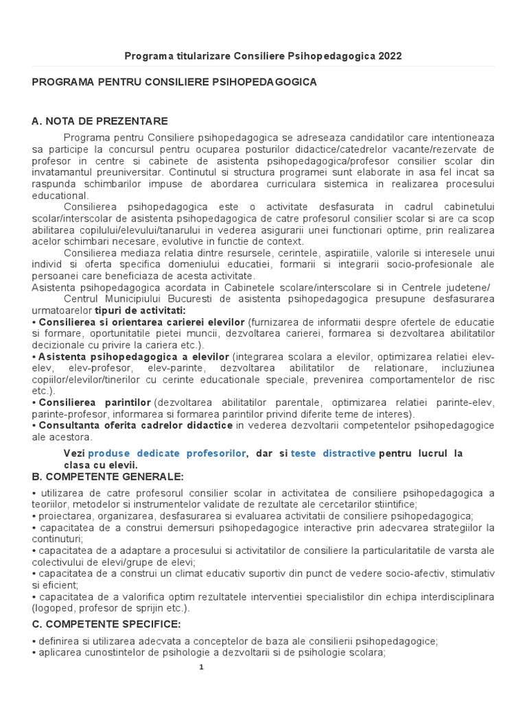 PROGRAMA TITULARIZARE Consiliere Psihopedagogică | PDF