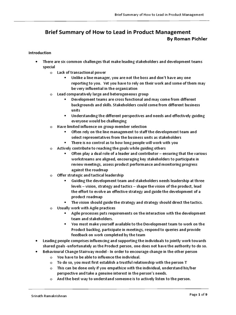 Brief Summary of How To Lead in Product Management: by Roman Pichler ...