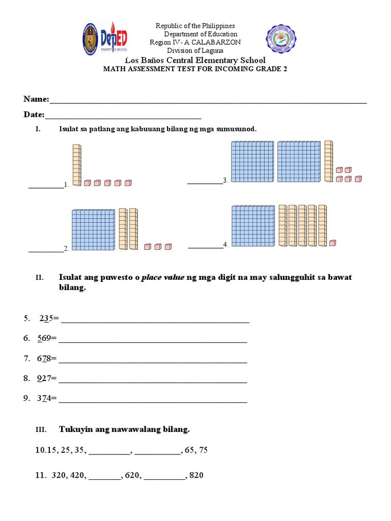 Math Assessment Test For Incoming Grade 2 | PDF