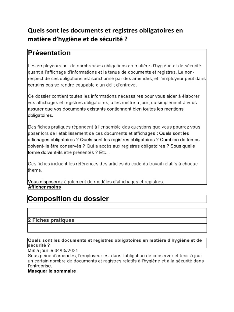 Quels Sont Les Documents Et Registres Obligatoires en Matière D | PDF ...