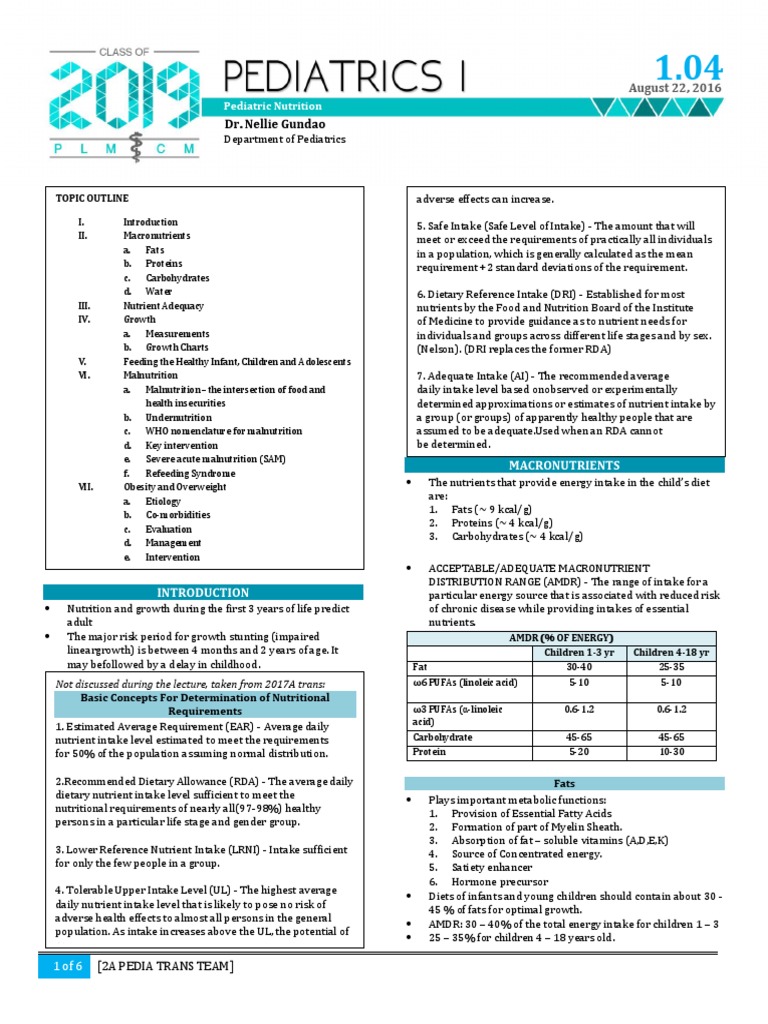 1.04 Pediatric Nutrition | PDF | Malnutrition | Nutrients
