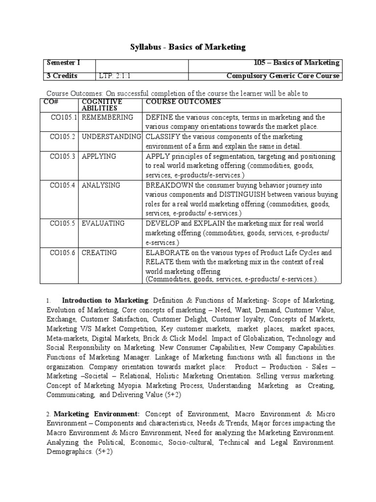 Syllabus - Basics of Marketing: Course Outcomes: On Successful ...