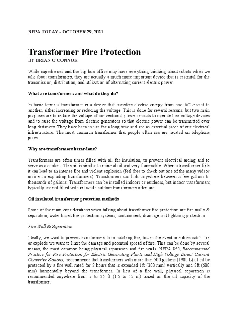 Transformer Fire Protection | PDF | Transformer | Fire Sprinkler System
