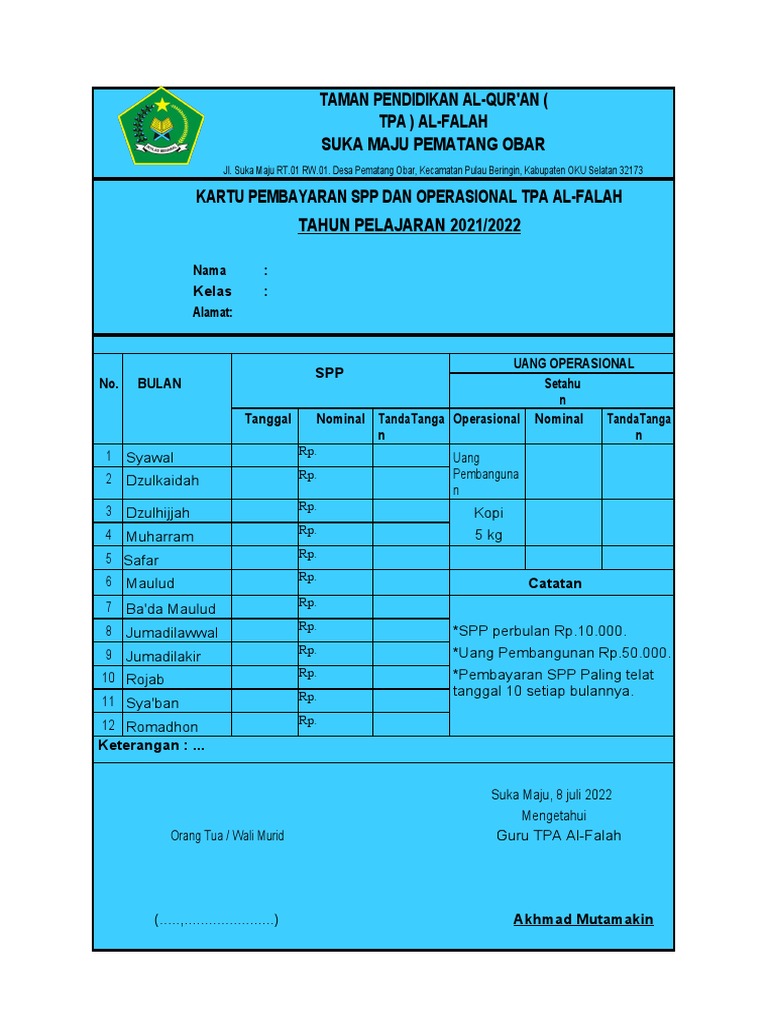 Kartu Pembayaran SPP Sekolah | PDF