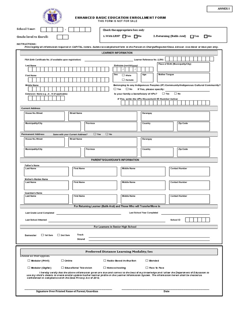 Enhanced Basic Education Enrollment Form | PDF