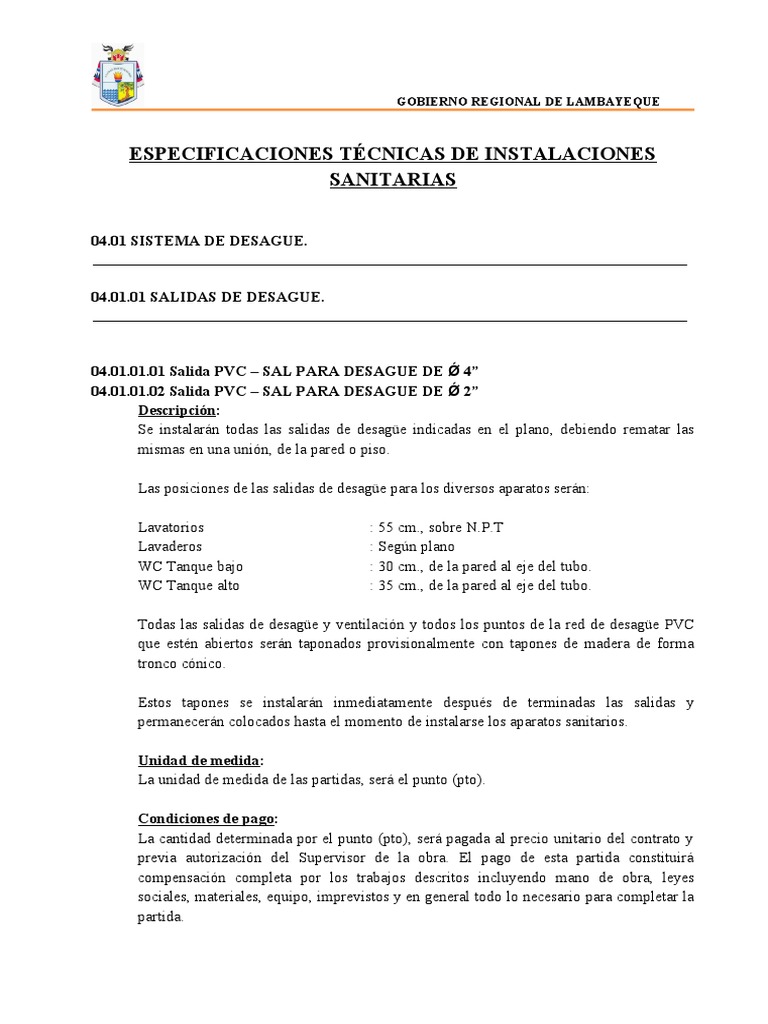 Especificaciones Tecnicas - Sanitarias | Descargar gratis PDF | Hormigón | Cemento