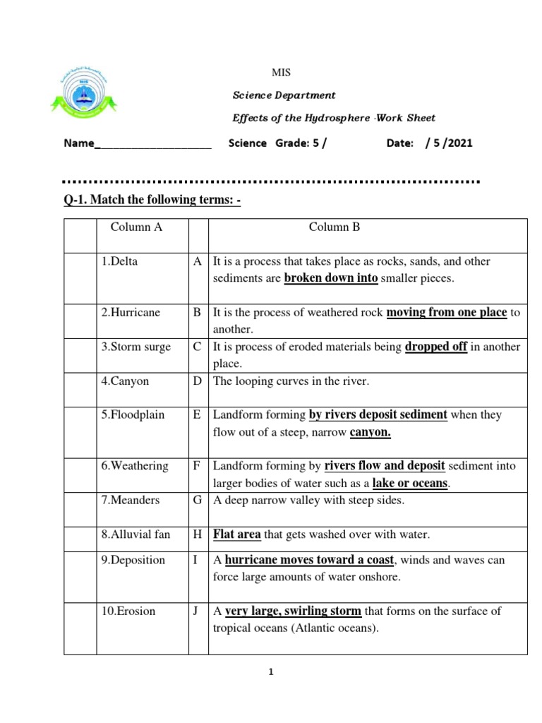 Hydrosphere Effects Worksheet for Grade 5 | PDF | Erosion | River