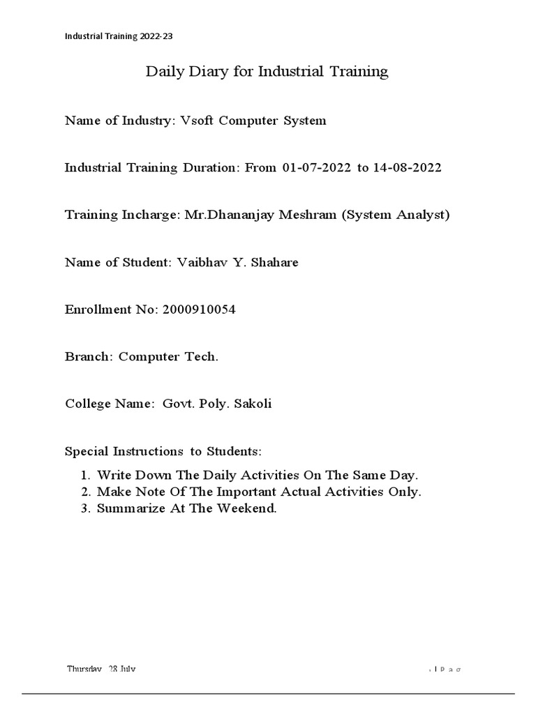 Daily Diary For Industrial Training | PDF | Scheduling (Computing ...