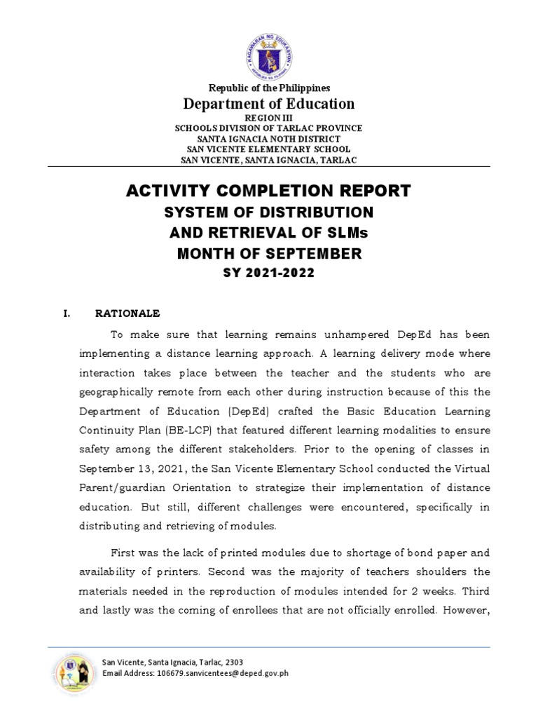 Activity Completion Report: Department of Education | Download Free PDF ...