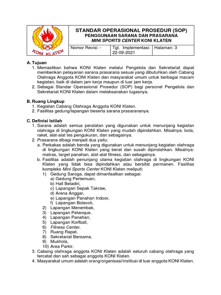 SOP Penggunaan Fasilitas MSC KONI Klaten | PDF