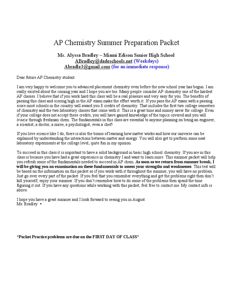 AP Chemistry Summer Preparation Packet - Final | PDF | Gases | Chemical ...