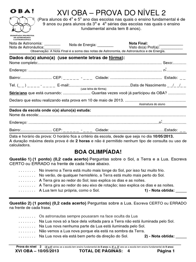 Prova Nivel 2 Da XVI OBA de 2013 | PDF | Sol | Lua