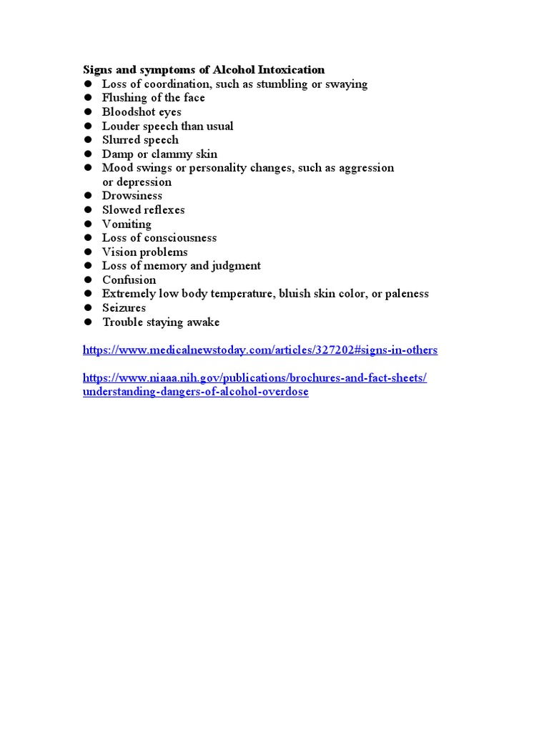 Signs and Symptoms of Alcohol Intoxication | PDF