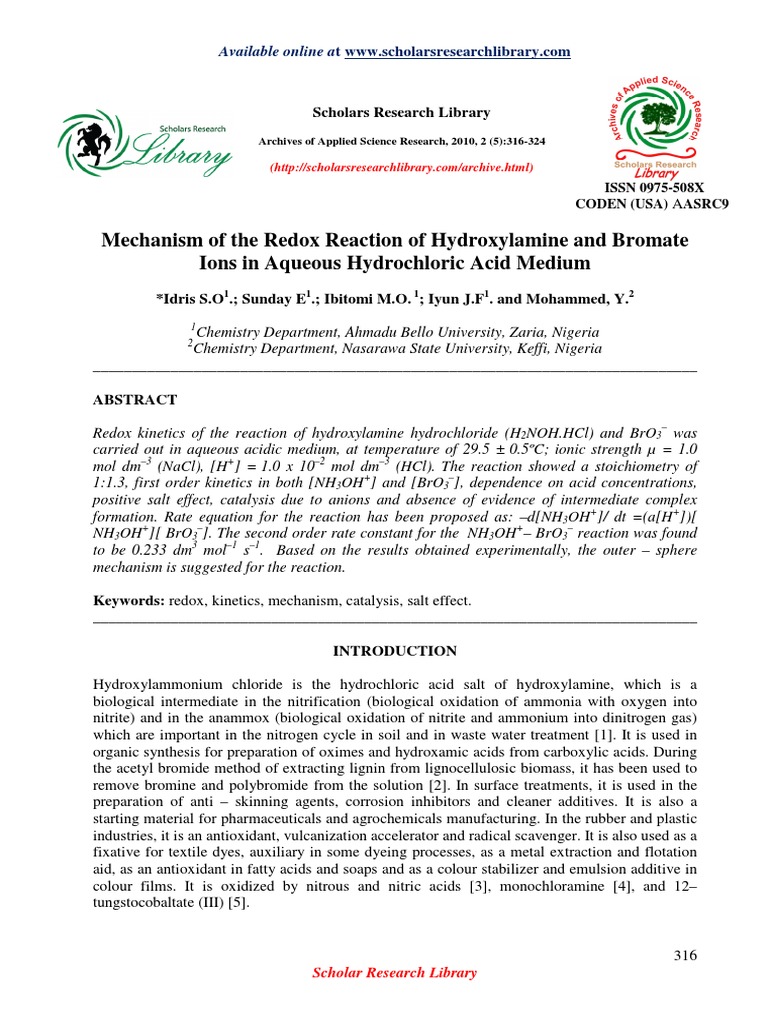 Mechanism of The Redox Reaction of Hydroxylamine and Bromateions in ...