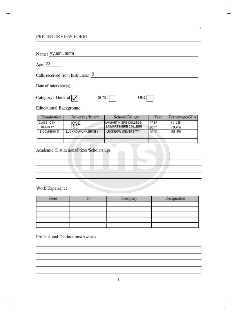 Pre Interview Form 2 | Download Free PDF | Experience | Cognition