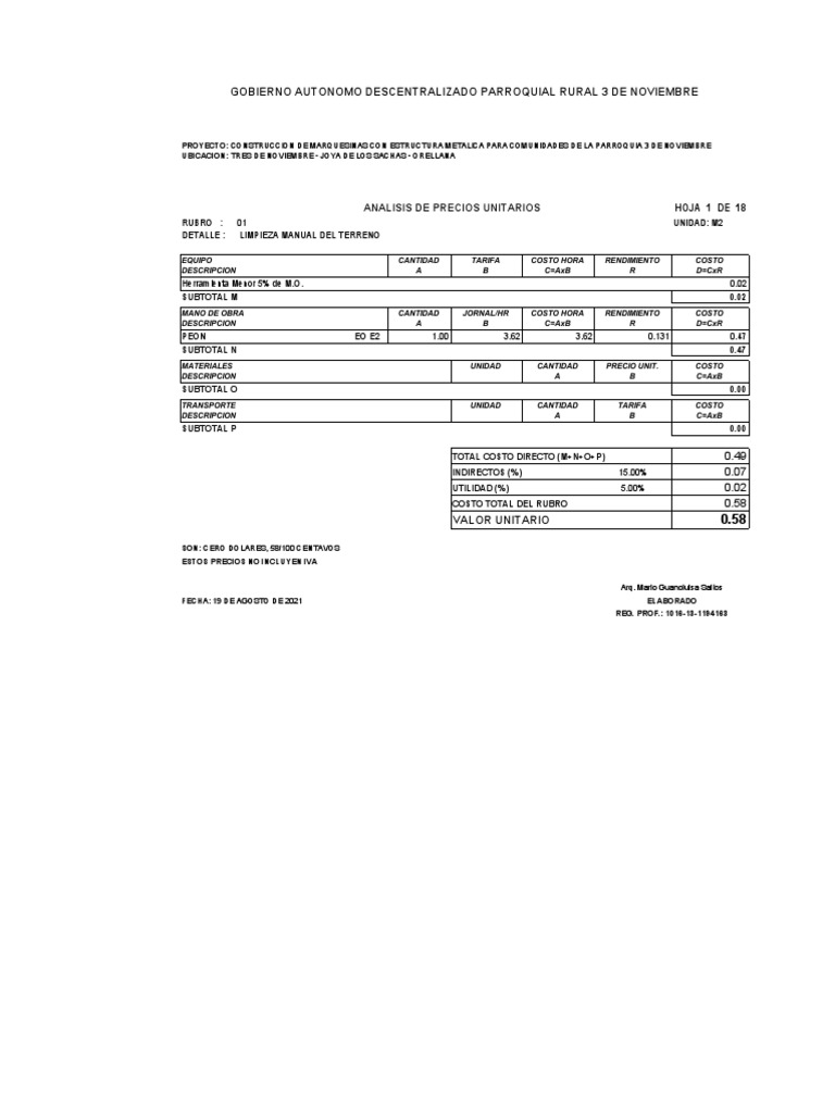 Analisis Pu 002 Marquesina Tres Noviembre | PDF | Producción y fabricación | Materiales