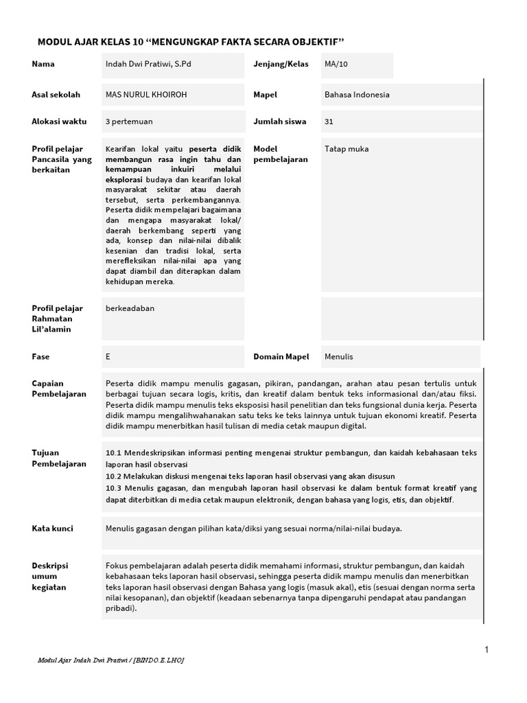 Modul Ajar Bahasa Indonesia Fase E | PDF