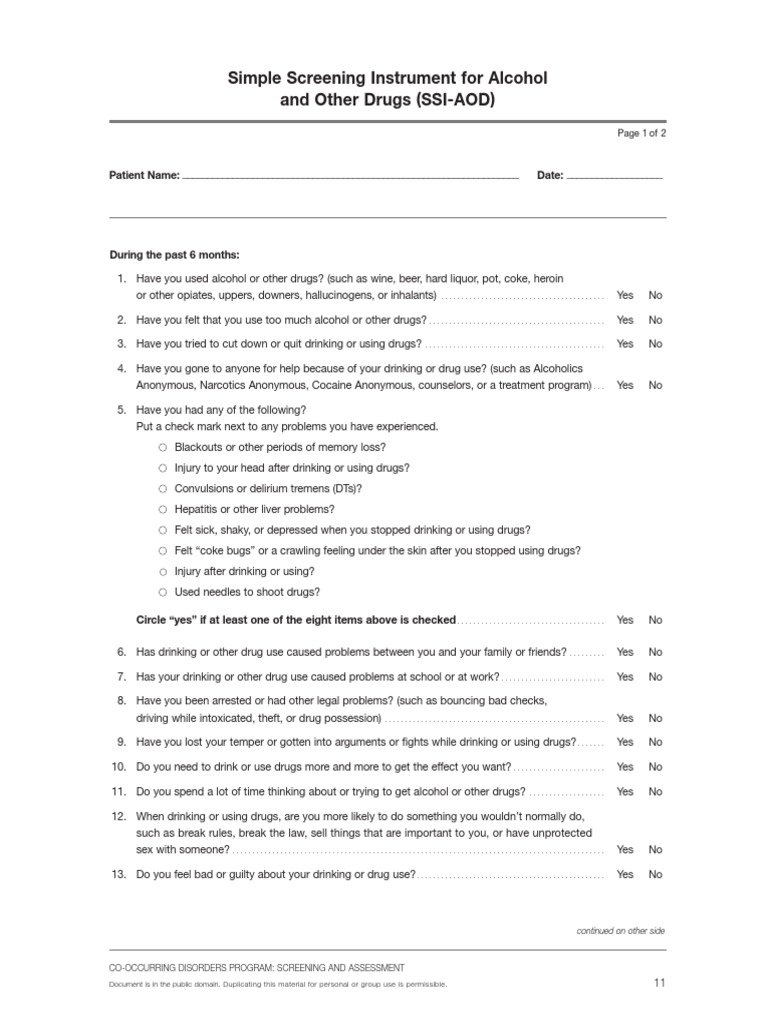 Simple Screening Instrument For Alcohol and Other Drugs (SSI-AOD) | Download Free PDF ...