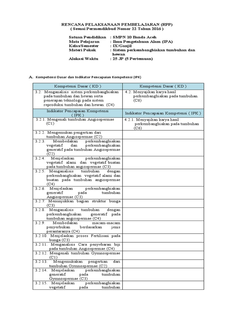 RPP SMP 3.2 Sistem Perkembangbiakan Hewan Dan Tumbuhan | PDF | Griya & Taman | Sains & Matematika