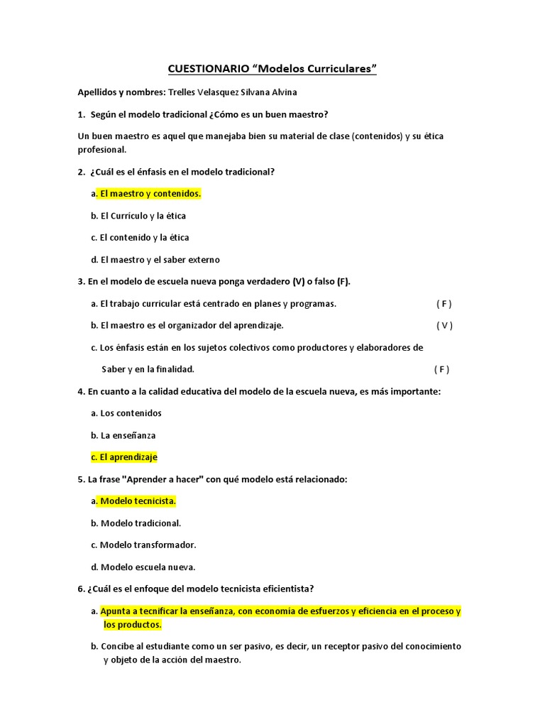 Cuestionario sobre Modelos Curriculares | PDF | Plan de estudios ...