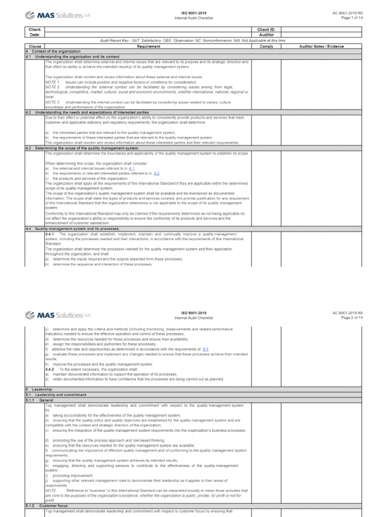 ISO 9001 - 2015 Internal Audit Checklist - PDF | PDF