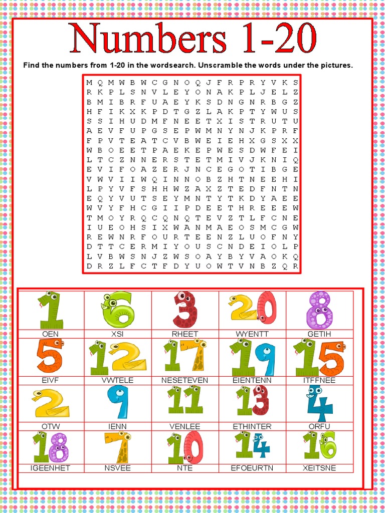 Find The Numbers From 1-20 in The Wordsearch. Unscramble The Words ...