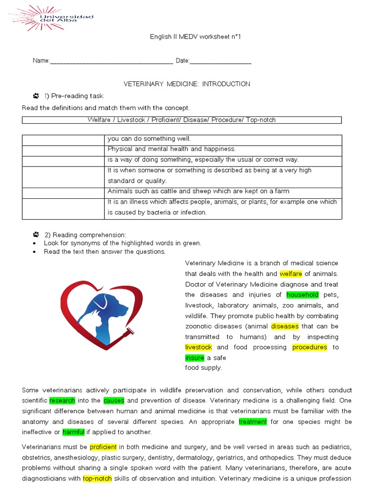 English II MEDV Worksheet 1 | PDF | Medicine | Veterinary Medicine
