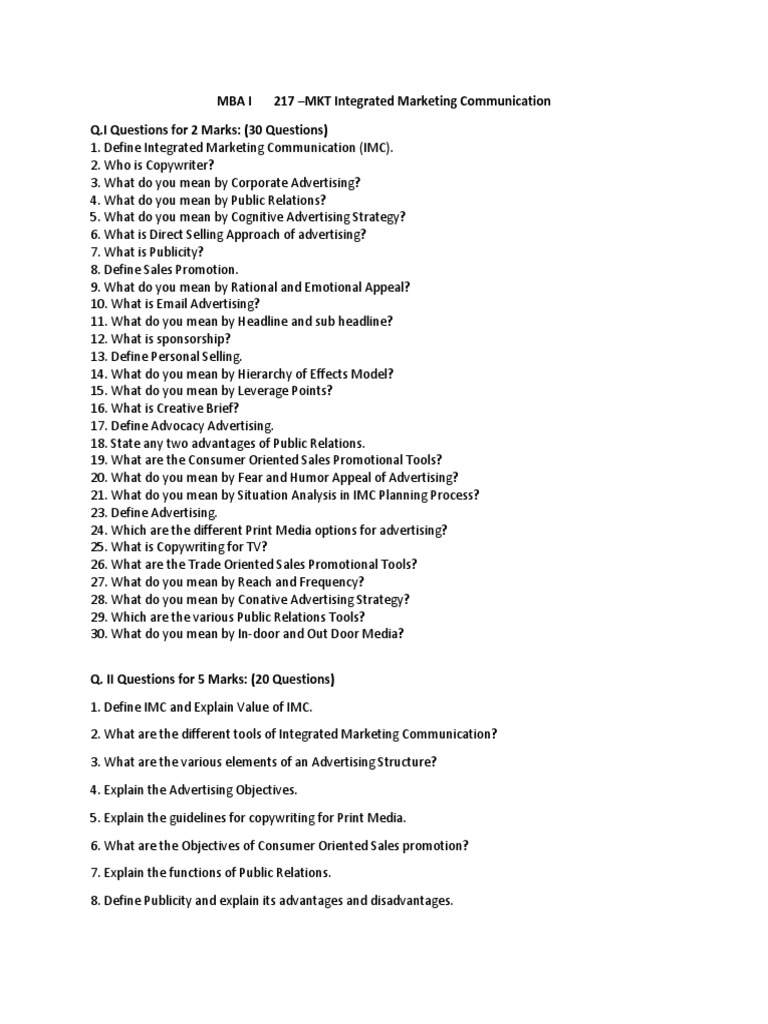 IMC Questions and Answers for MBA | PDF | Marketing Communications ...