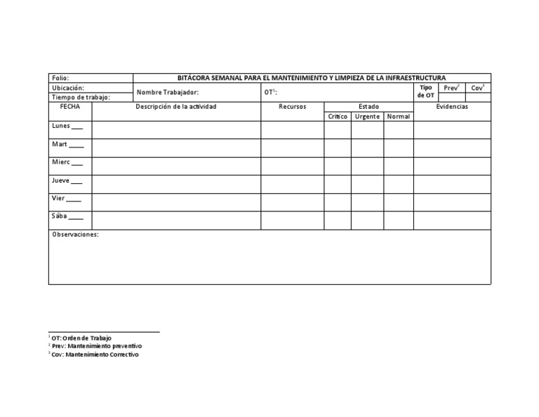 Bitácora Semanal Para El Reporte de Mantenimiento y Limpieza Del ... Bitácora Semanal Para El Reporte de Mantenimiento y Limpieza Del ...