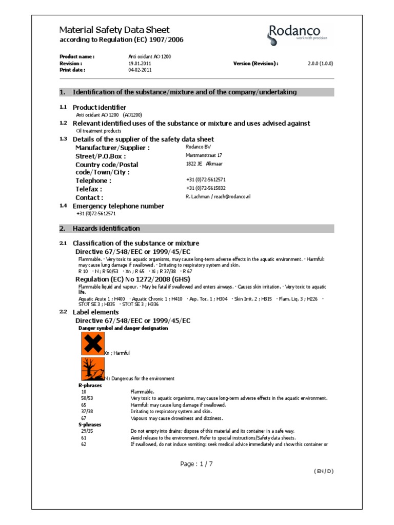 MSDS AO 1200 EN (Rodanco) | PDF | Toxicity | Firefighting