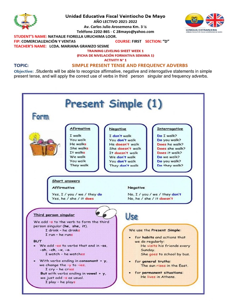 Ficha 1 Estuantes Simple Present Nivelacion Formativa 2021 Nathalie ...