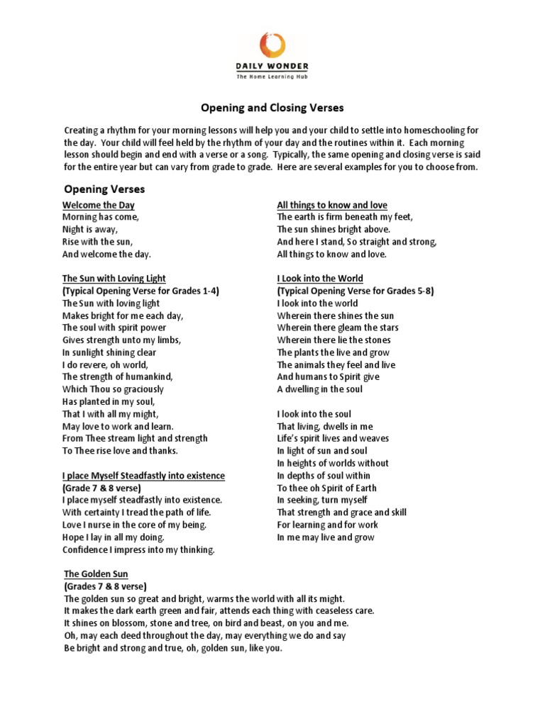 Waldorf Opening and Closing Verses | PDF | Self-Improvement