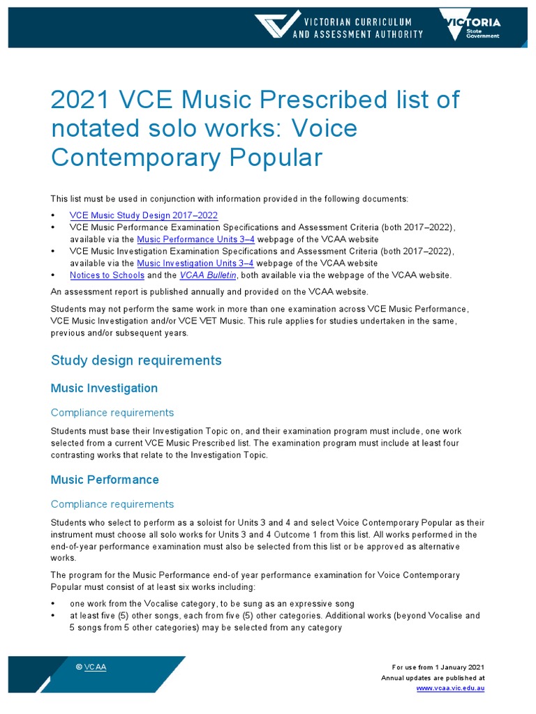 2021 VCE Music Prescribed List of Notated Solo Works: Voice ...