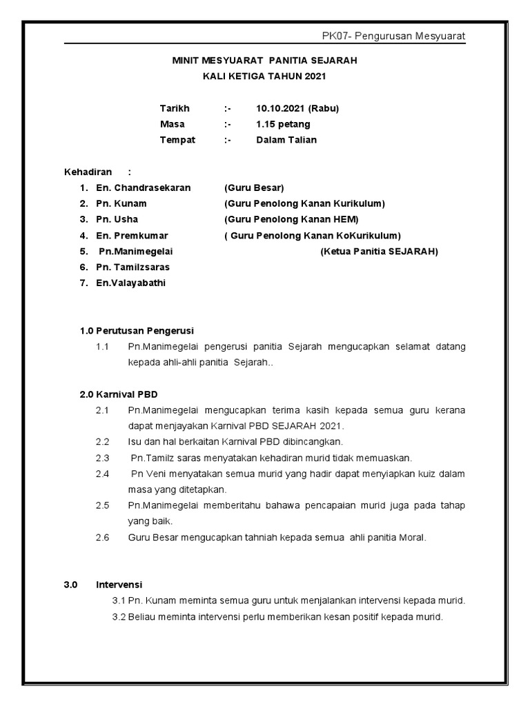 MINIT MESYUARAT Keempat Sej 2021 | PDF