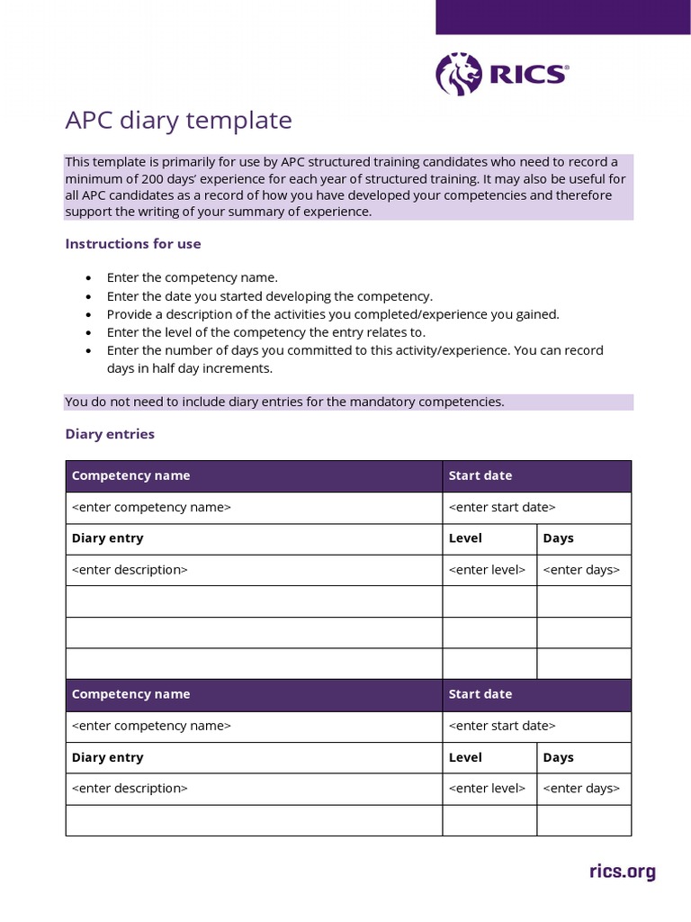 APC Diary Template: Instructions For Use | PDF