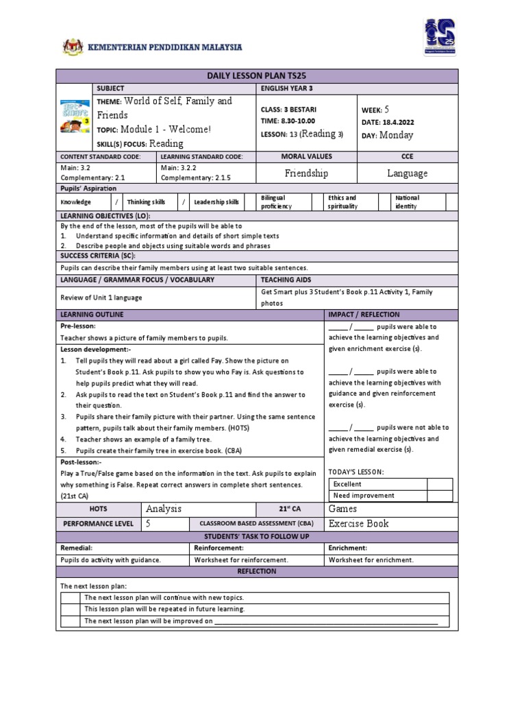 World of Self, Family and Friends Module 1 - Welcome! Reading Reading 5 ...