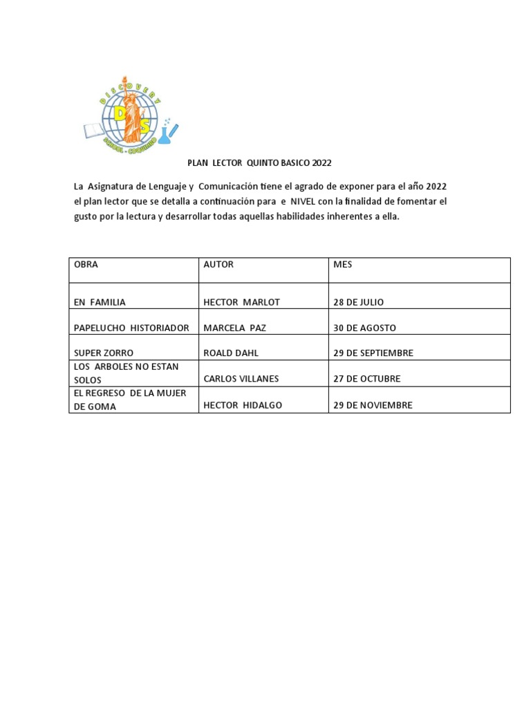 Plan Lector Quinto Basico 2022 | PDF