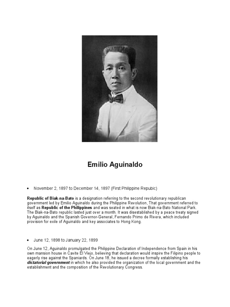 Emilio Aguinaldo: November 2, 1897 To December 14, 1897 (First ...