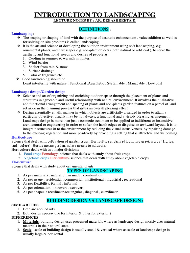 Introduction To Landscaping: Definitions | PDF | Landscape | Gardens